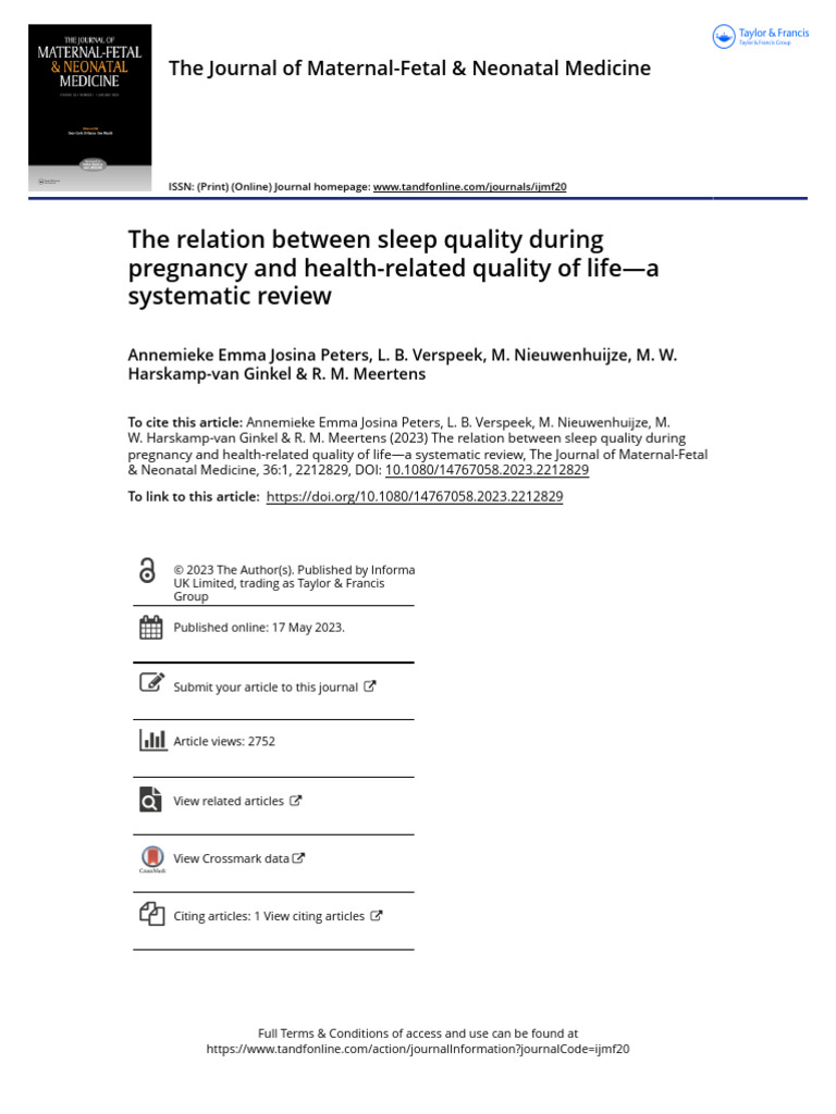 The Relation Between Sleep Quality During Pregnancy and Health-Related Quality of Life A ...