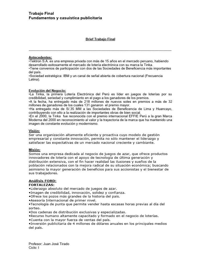 Brief Trabajo Final | PDF | Business | Mercado (economía)