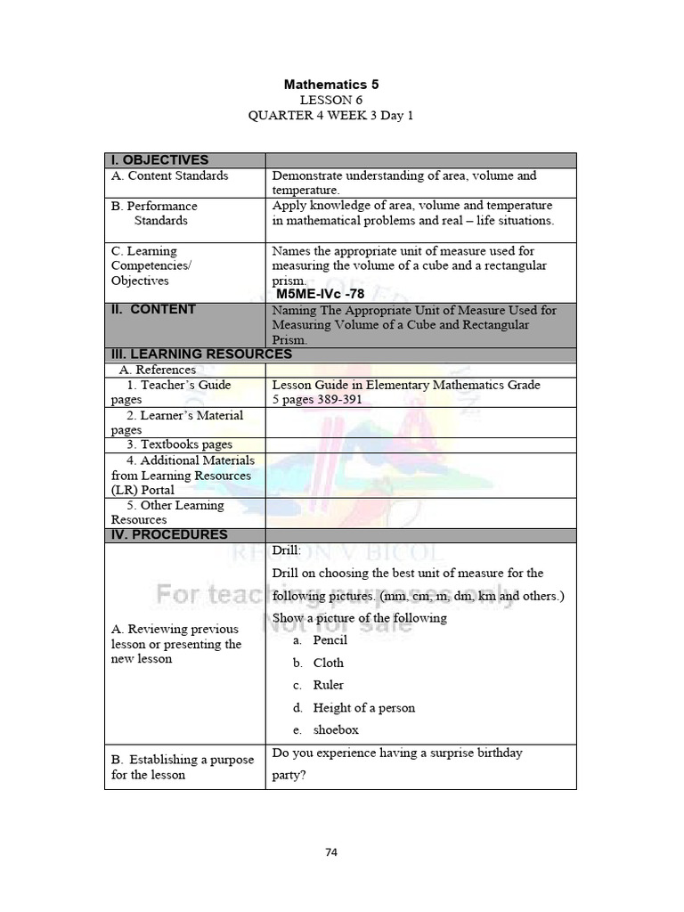 Mathematics 5 Q4 W3 | PDF | Volume | Learning