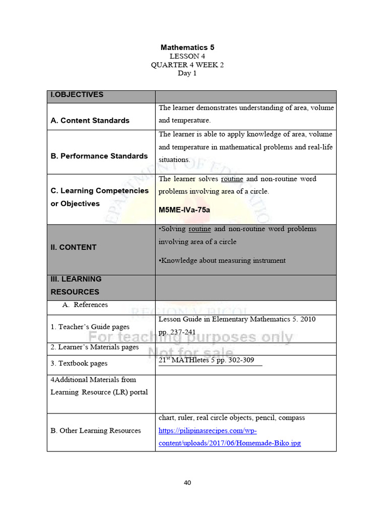 Mathematics 5 Q4 w2 | PDF | Learning | Area