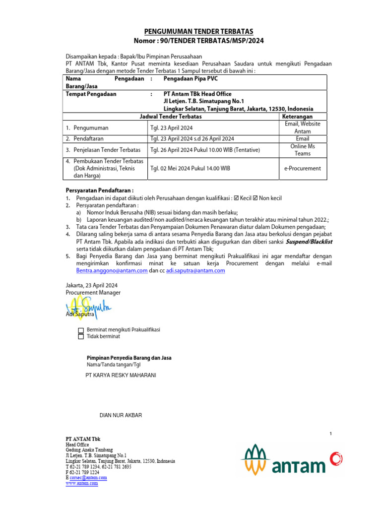 Pengumuman Tender Terbatas PT ANTAM | PDF