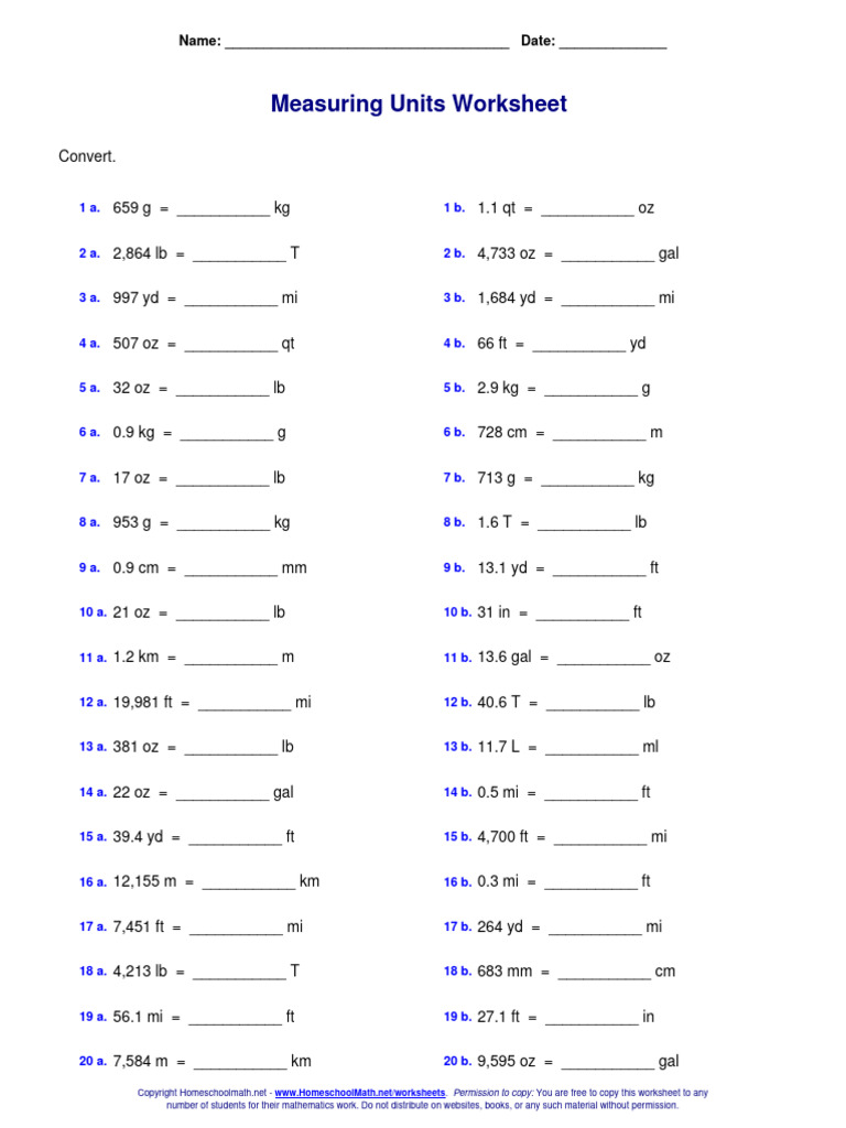 Measurement Units Worksheet | PDF