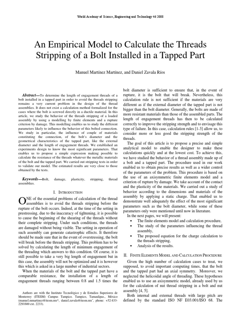 An Empirical Model To Calculate The Threads Stripping of A Bolt ...