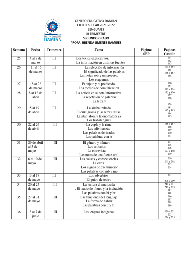 Temario Segundo Grado, Tercer Trimestre - 070111 | PDF