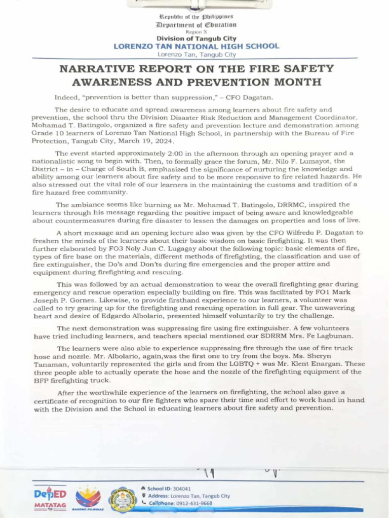 Lorenzo Tan NHS - Narrative Report - Fire Safety Awareness and ...