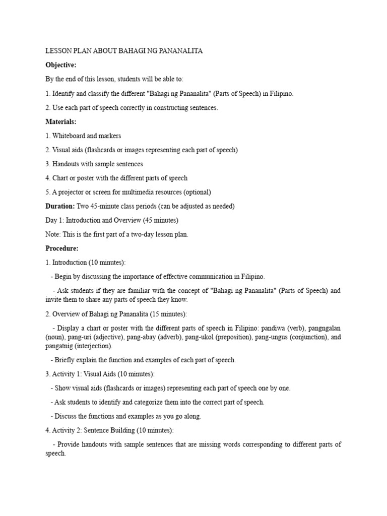 Lesson Plan About Bahagi NG Pananalita | PDF