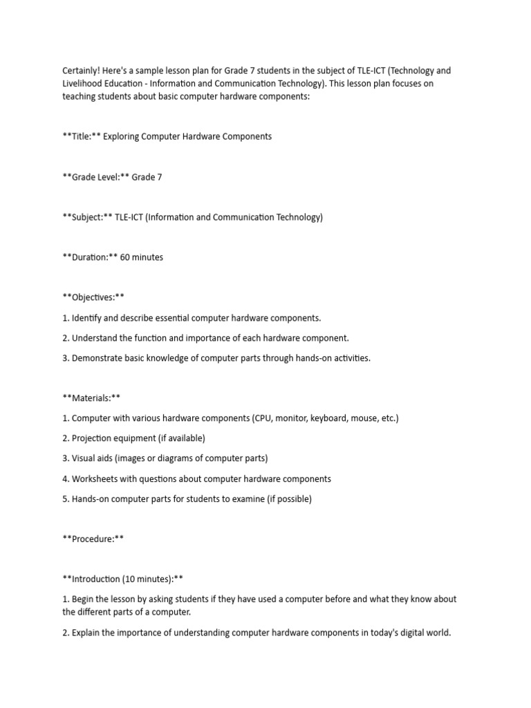 LESSON PLAN ABOUT TLE-ICT | PDF | Computer Hardware | Computing