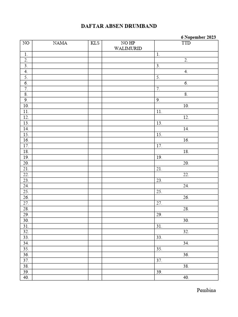 Daftar Absen Drumband | PDF
