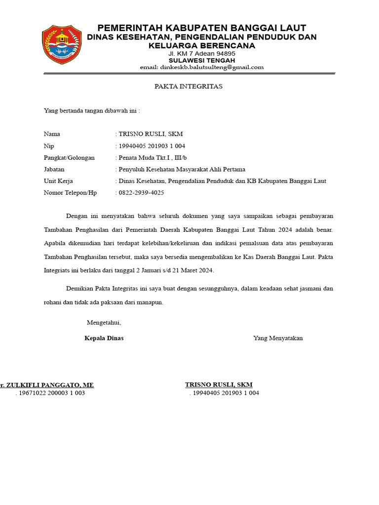 Pakta Integritas Trisno Rusli, SKM | PDF