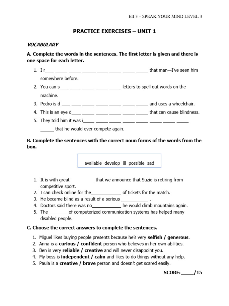 Practice Exercises - Unit 1 | PDF | Cognition | Human Communication