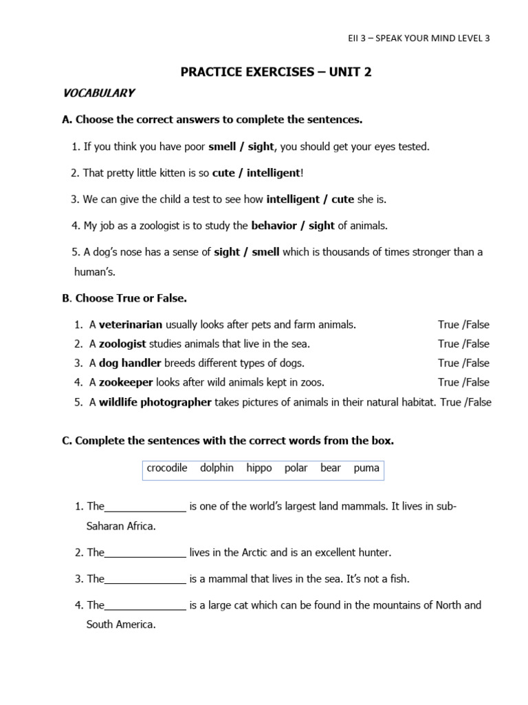 Practice Exercises - Unit 2 | Download Free PDF | Animals And Humans ...