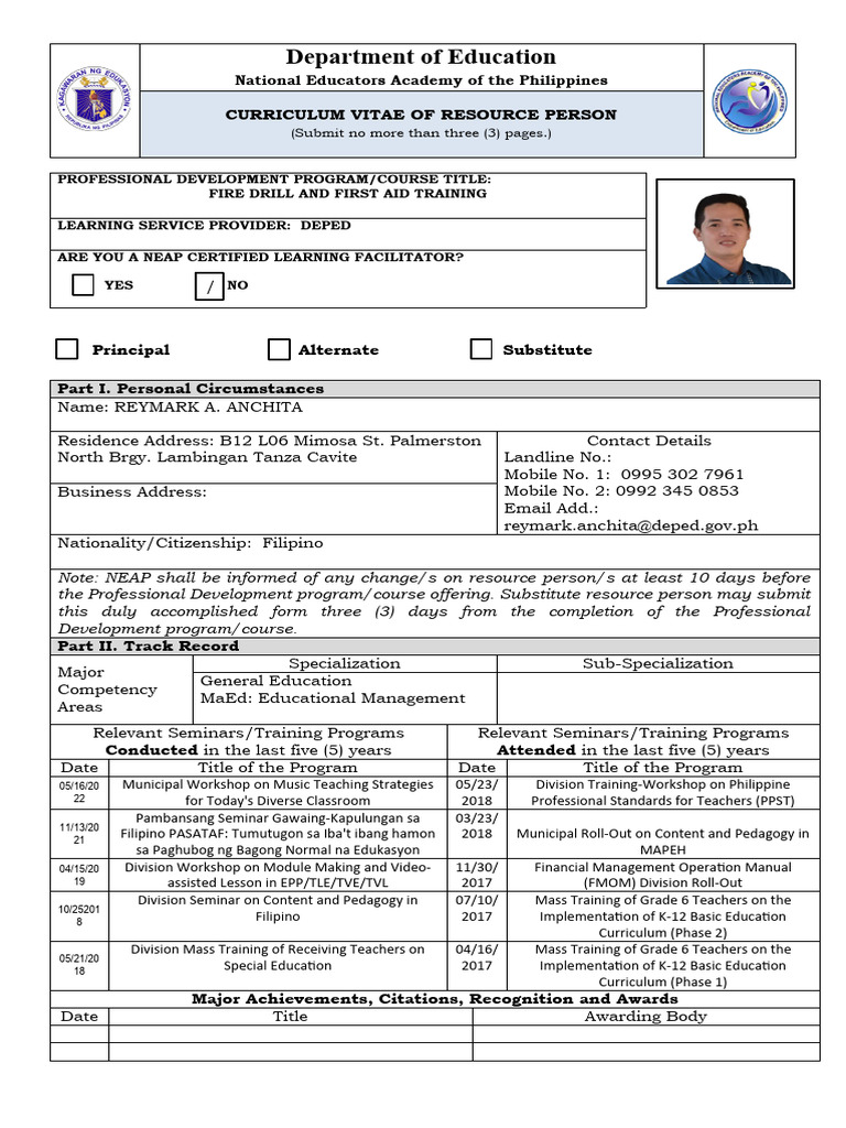 DRRM CV 2024 F Joya Es Reymark Anchita | PDF | Teachers | Behavior Modification