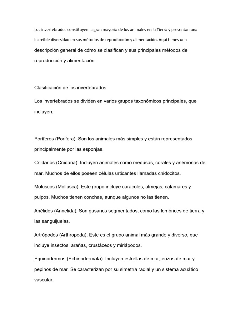 Clasificacion de Los Invertebrados Alimentacion y Reproduccion | PDF ...