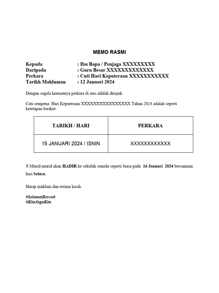 CONTOH Memo Cuti Hari Keputeraan | PDF