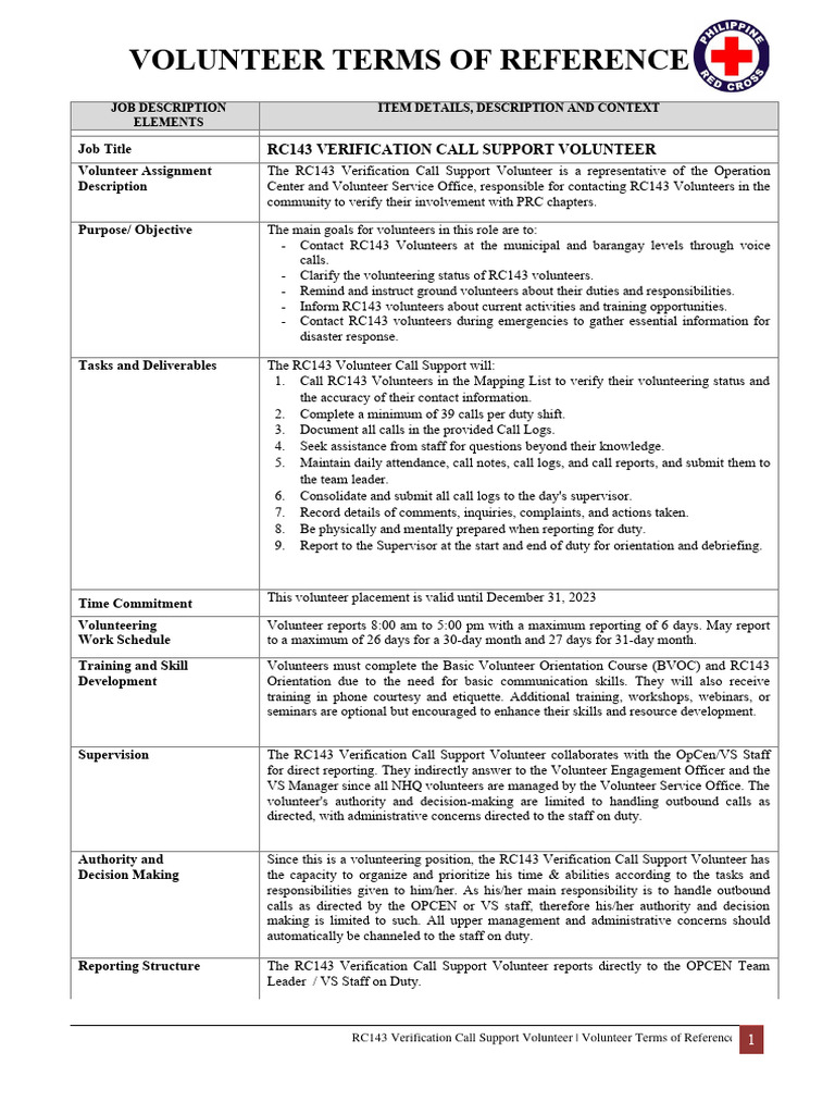 Terms of Reference - Call Veriication Volunteer Support - 2023 | PDF | Volunteering