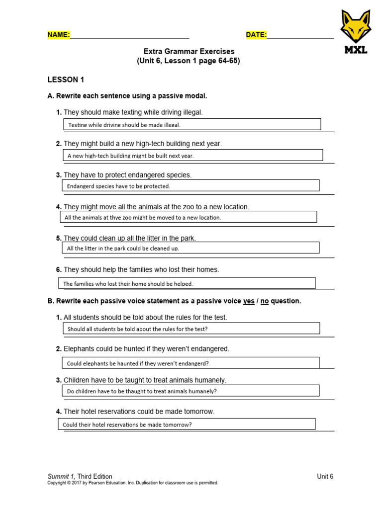 SUMMIT 1B U6 Grammar Exercises | PDF | Animals And Humans