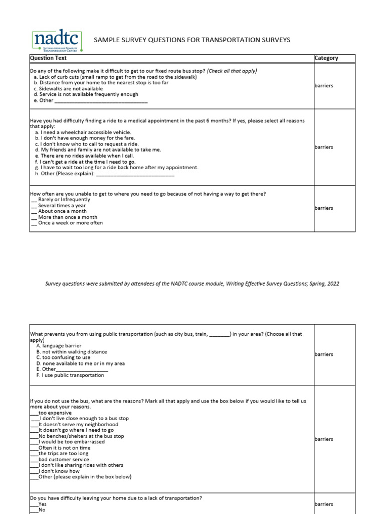 Transportation Survey Question Examples | PDF | Public Transport | Bus