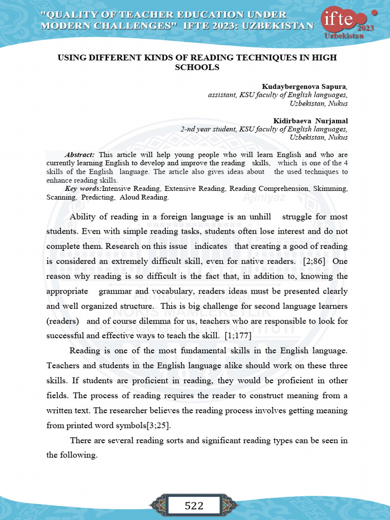 Using Different Kinds of Reading Techniques in High Schools | Download Free PDF | Reading ...