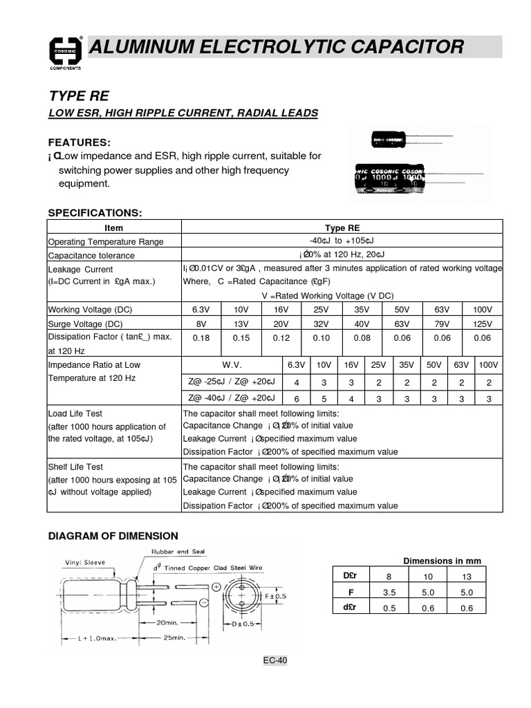Cosonic (Radial Thru-Hole) RE Series | PDF | Capacitor | Electronics