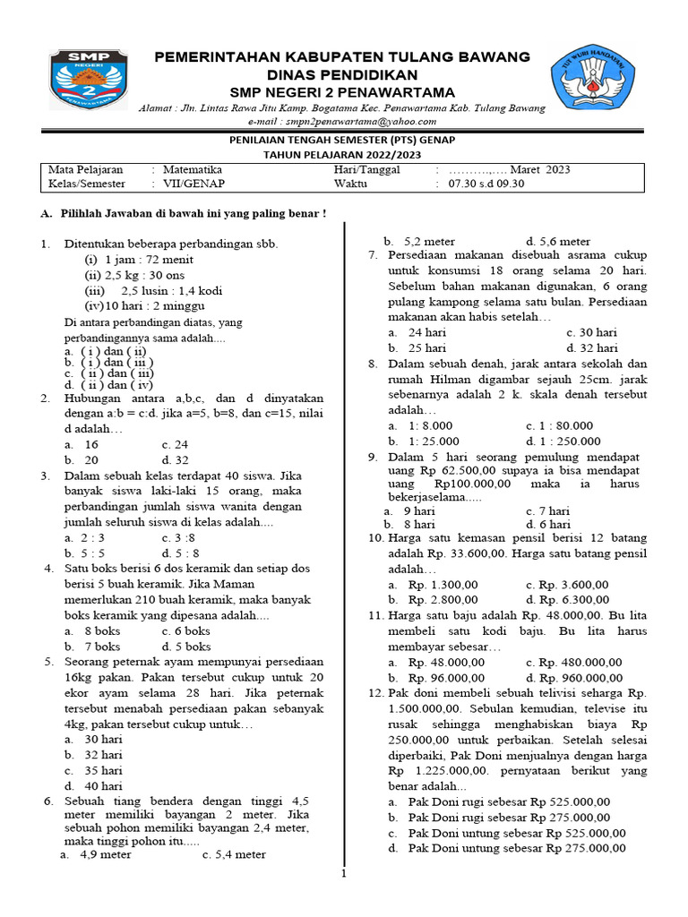 Soal PTS MTK 7 Genap 2022.2023 | PDF