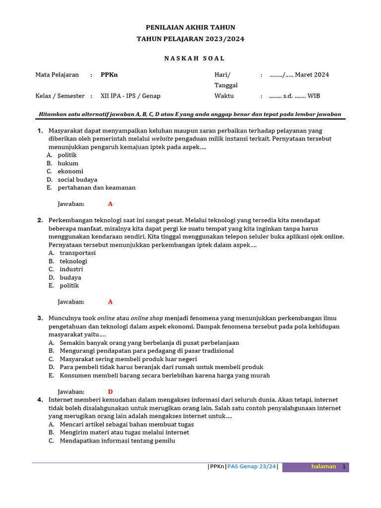 Soal Pat Xii PPKN Tahun 2024 | PDF | Komputer