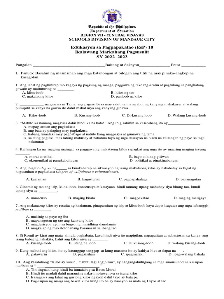 Esp 10 Quarter 2 Exams TQs | PDF