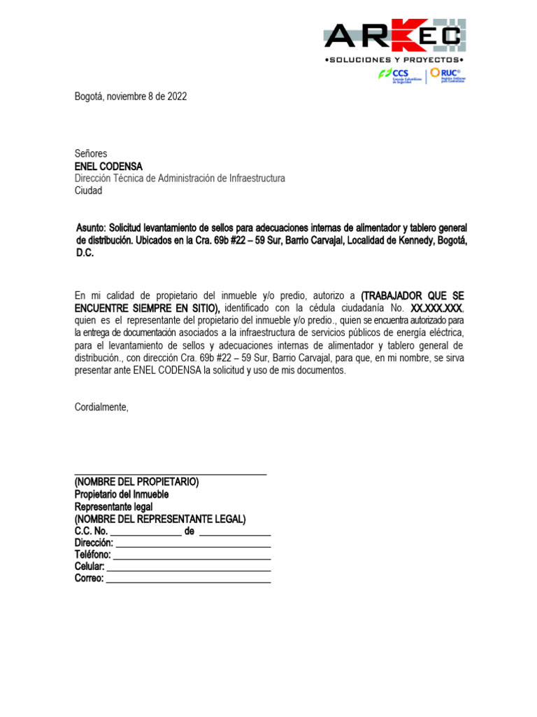 Carta de Autorización ENEL CODENSA | PDF