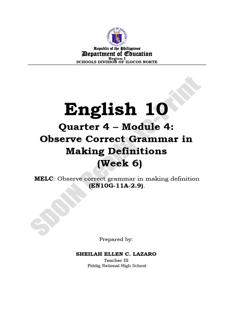 English10 Q4 Week6 Mod4 Observe Correct Grammar in Making Definitions FINAL | Download Free PDF ...