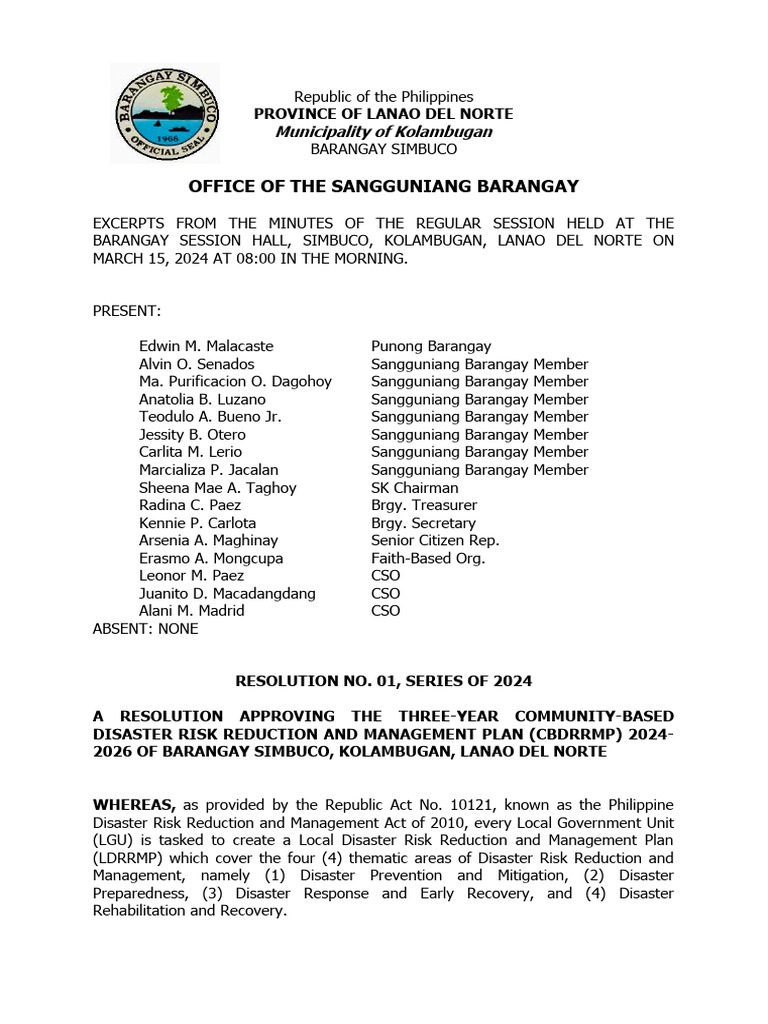 BDC Resolution Template CBDRRMP | PDF | Disaster Management | Emergency ...