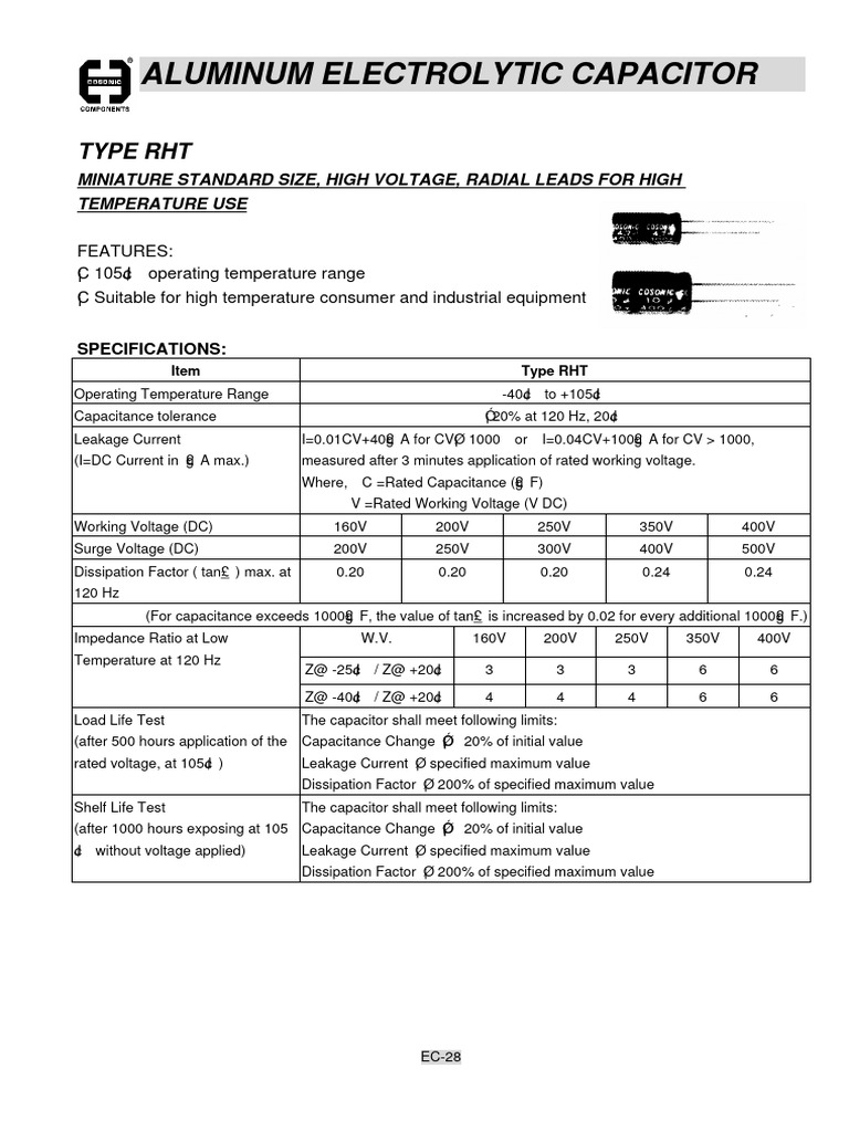Cosonic (Radial Thru-Hole) RHT Series | PDF | Capacitor | Electromagnetism