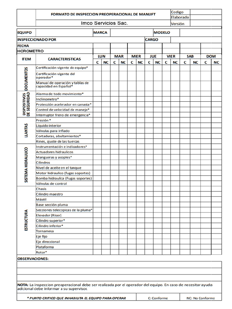 Check List de Manlift | PDF