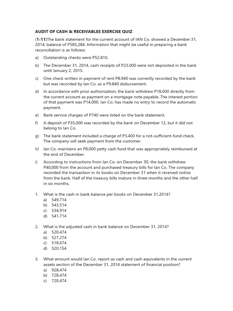 Cash Receivables Exercises | PDF | Banks | Deposit Account