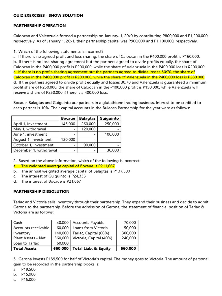 Partnership Operations Dissolution Liquidation Exercises | PDF ...