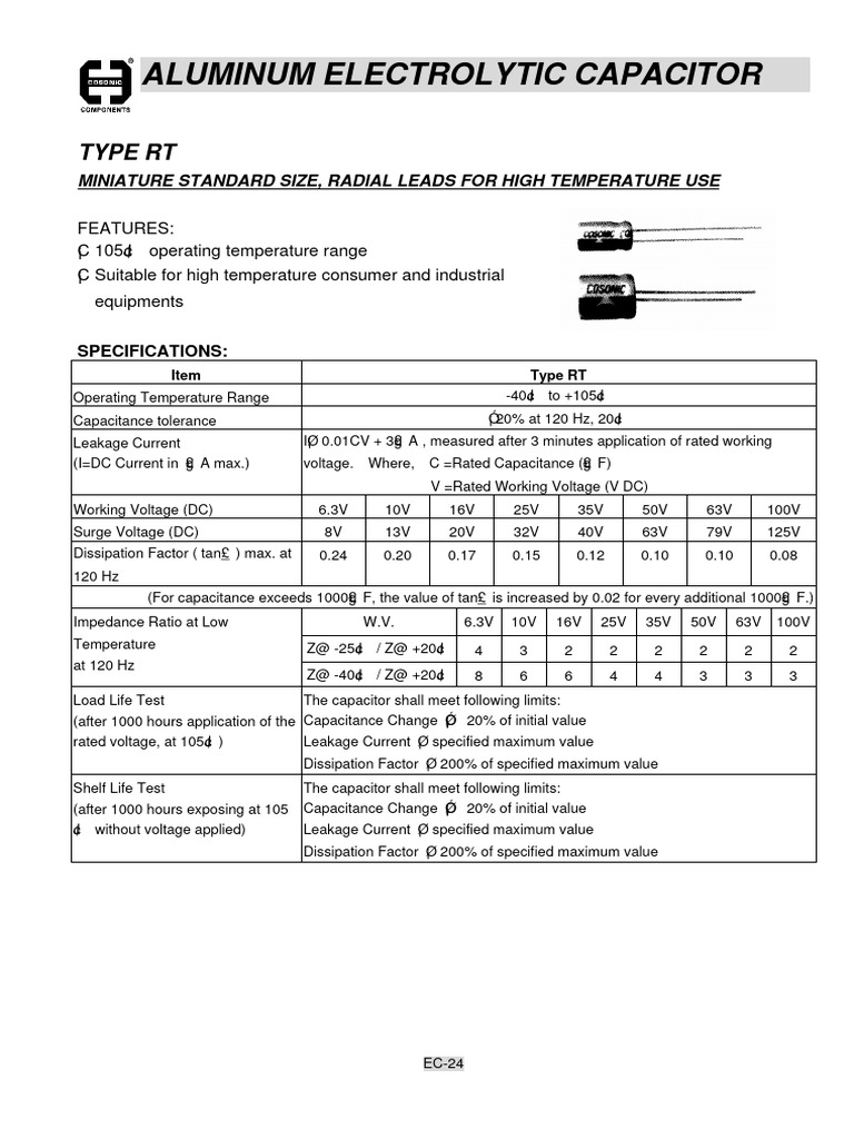 Cosonic (Radial Thru-Hole) RT Series | PDF | Capacitor | Voltage