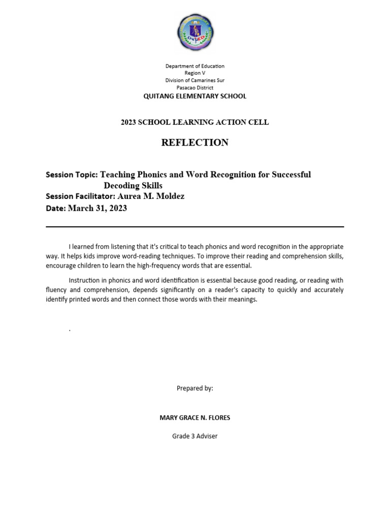 Grace Reflection | PDF | Phonics | Cognitive Psychology