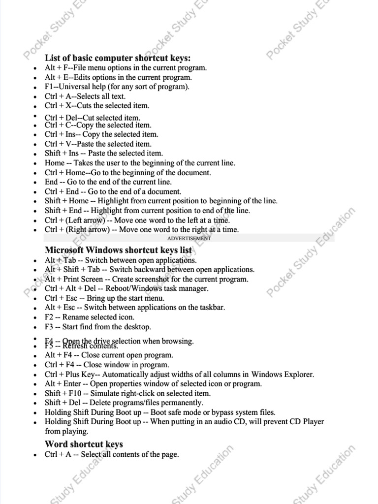 Basic Computer Shortcut Keys - by Pocket Study Education | PDF