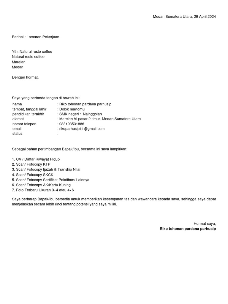 Surat Lamaran Kerja Riko Tohonan Pardana Parhusip | PDF