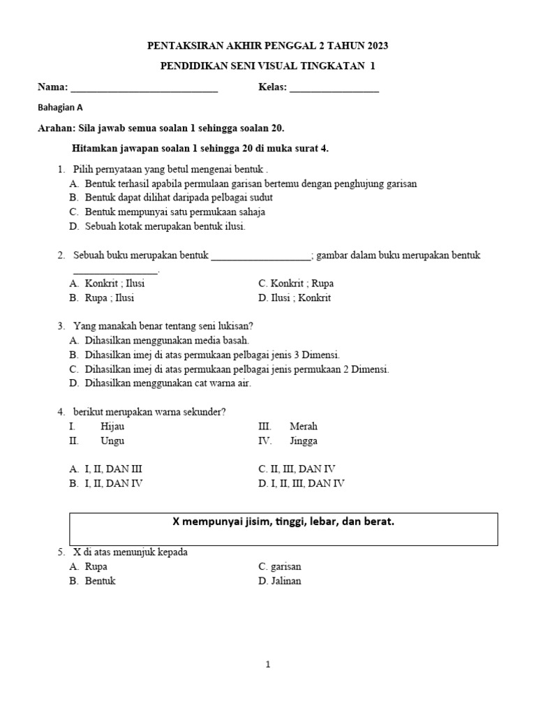 Pendidikan Seni Visual Tingakatan 1 Akhir Penggal 2 | PDF