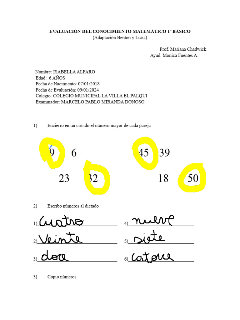 TEST benton y luria 1º BÁSICO | PDF