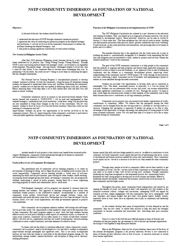 NSTP: Empowering Youth for Nation Building | PDF | Community | Poverty