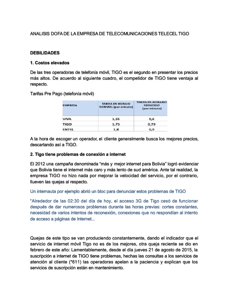 PDF Analisis Dofa de La Empresa de Telecomunicaciones Telecel Tigo DL ...