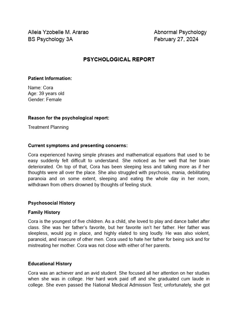 Case of Cora | PDF | Psychotherapy | Mental Disorder