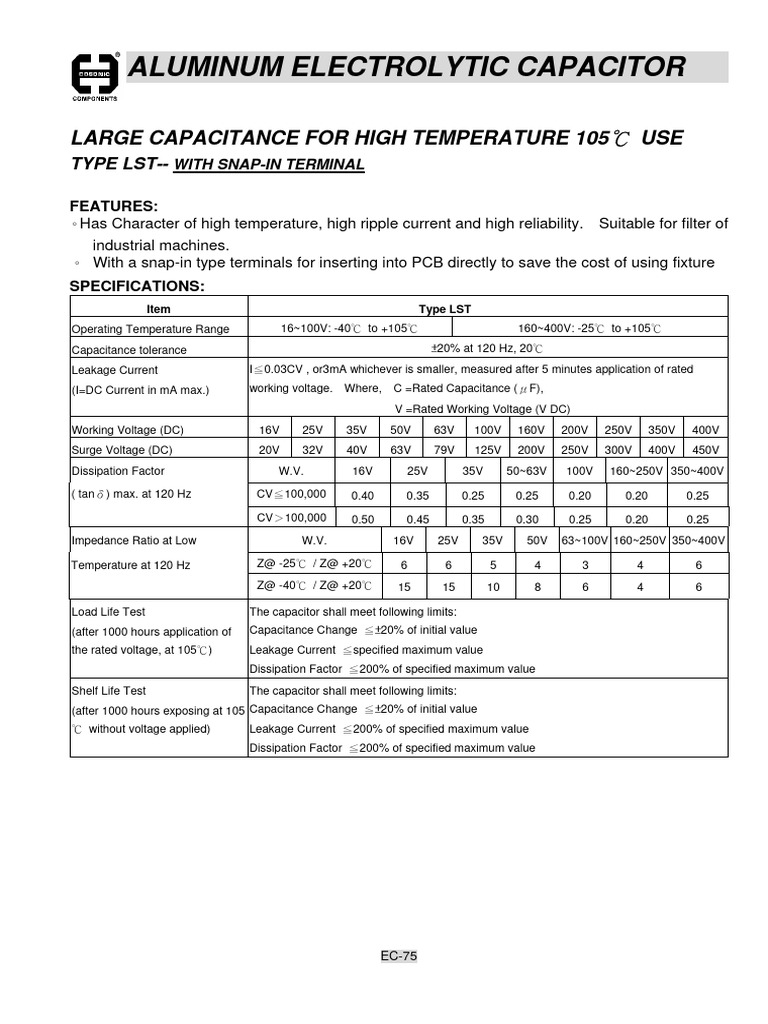 Cosonic (Snap-In) LST Series | PDF | Capacitor | Electronic Engineering
