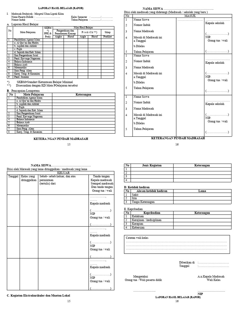 Rapor Hasil Belajar Madrasah Ibtidaiyah | PDF