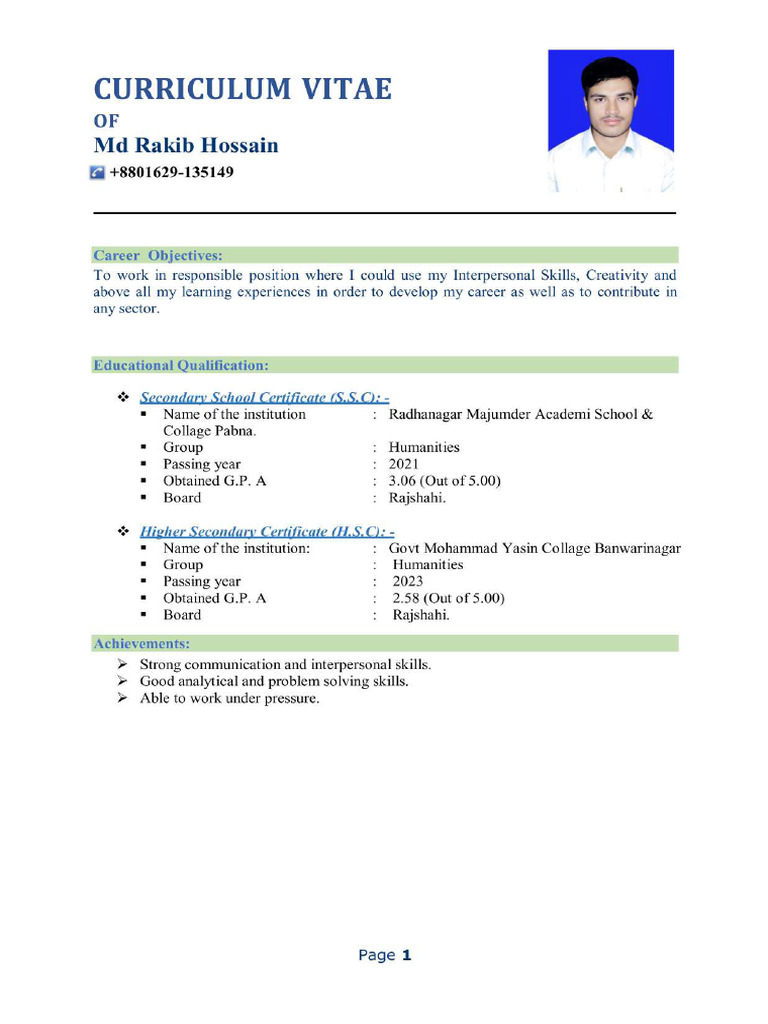Resume of MD. Rakib Hossain | PDF