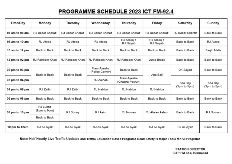 ICT FM 92.4 Weekly Schedule 2023 | PDF