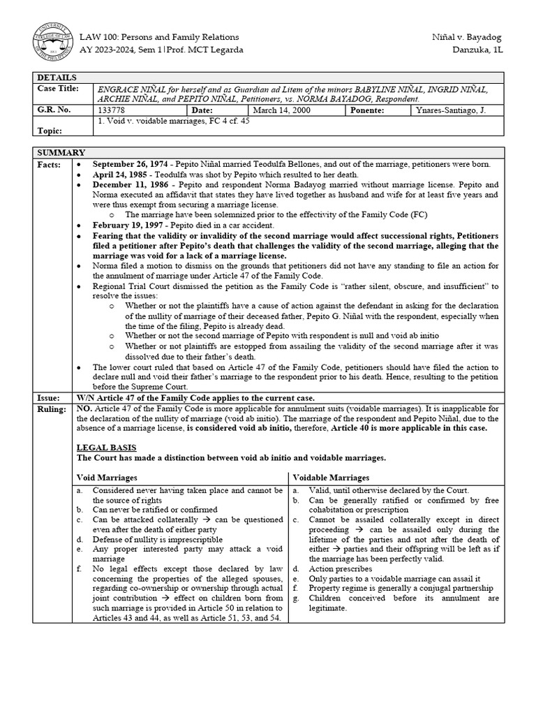1 Ninal V Bayadog, G.R. No. 133778. March 14, 2000 | PDF | Annulment ...