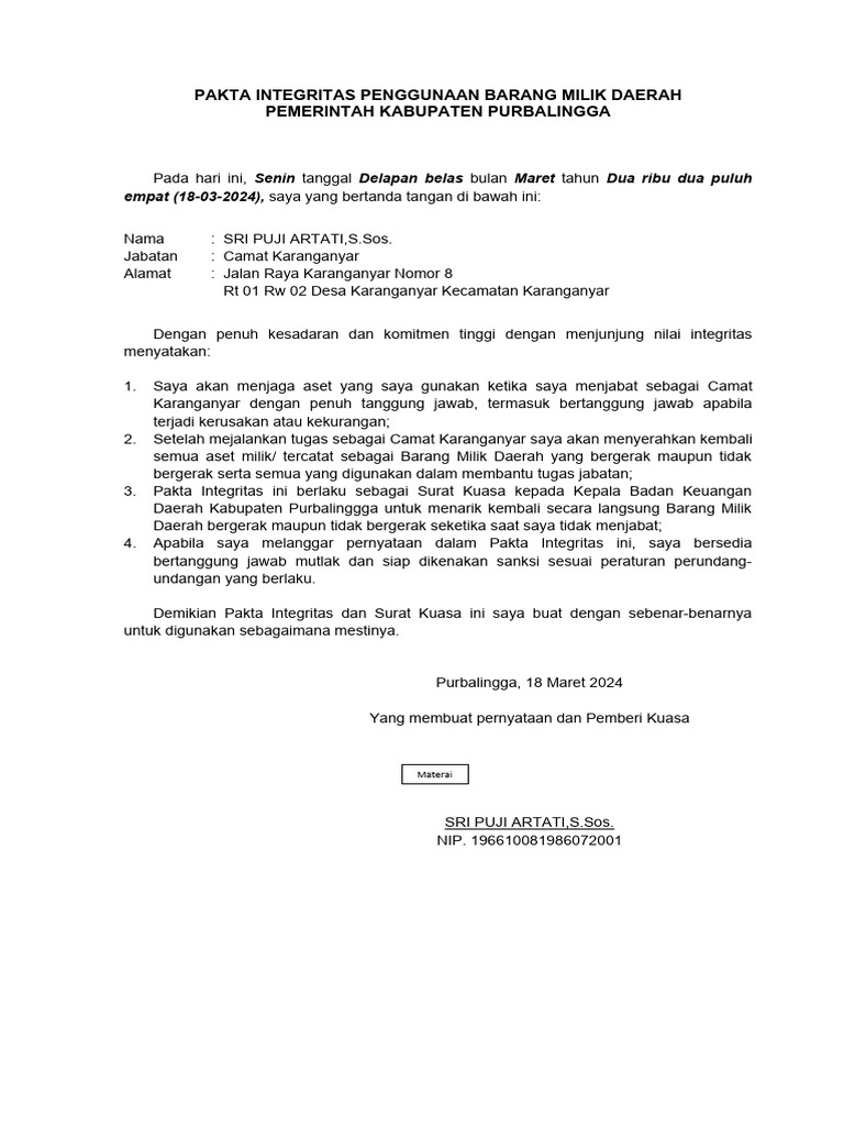 Pakta Integritas Pejabat Purbalingga | PDF | Hukum