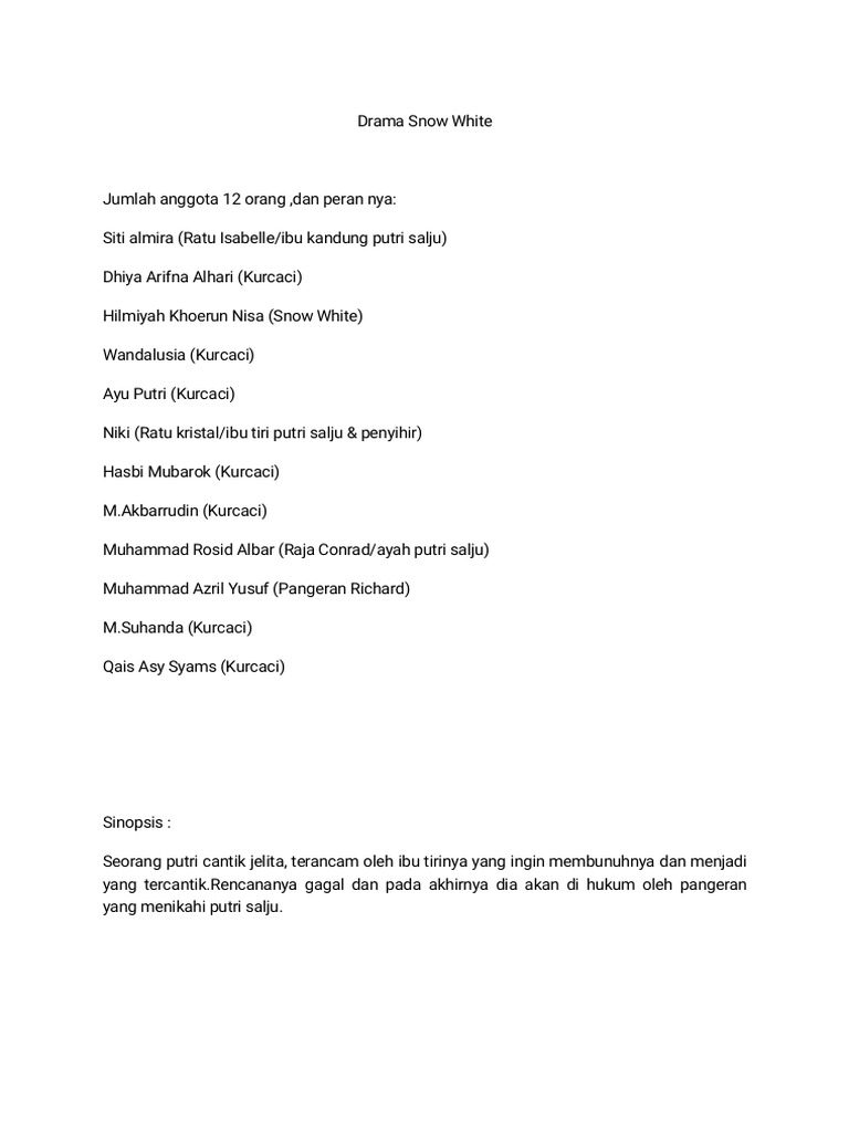 Naskah Drama Snow White | PDF | Fiksi Misteri, Thriller, & Kejahatan ...