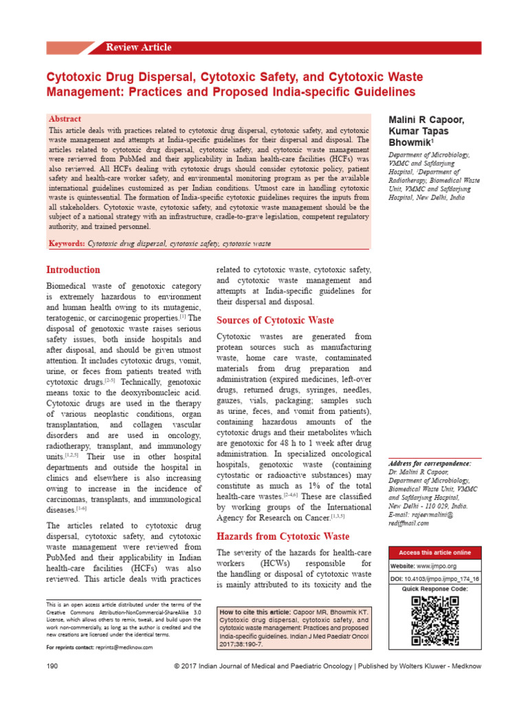 Cytotoxic Drug Dispersal, Cytotoxic Safety, and Cytotoxic Waste ...